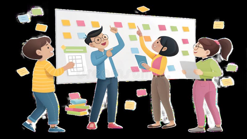 Team Brainstorming Ideas on Whiteboard with Sticky Notes Stock ...