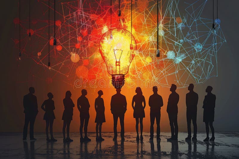 Team Brainstorming Innovation, Silhouetted Figures Standing before a ...