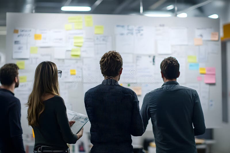 Team Brainstorming and Reviewing Ideas on Whiteboard with Sticky Notes ...