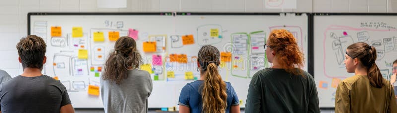 Team Brainstorming Session in Front of a Whiteboard Covered with Sticky ...