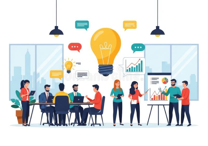 Team Brainstorming Session for Innovation and Growth with a Bright Idea Lightbulb Symbolizing ...