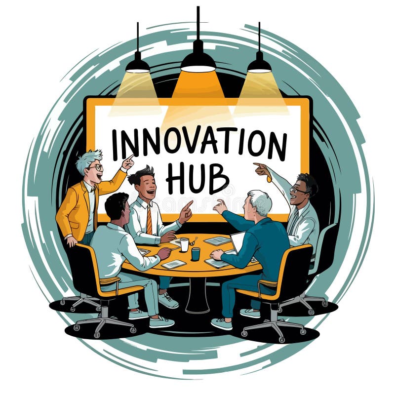 Team Brainstorms Ideas at an Innovation Hub Meeting Stock Vector ...