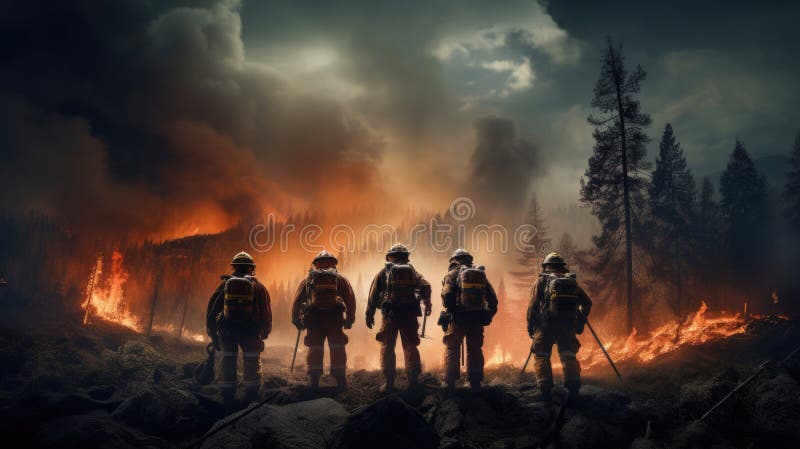 Team of Brave Firefighters while Putting Out a Forest Fire Stock ...