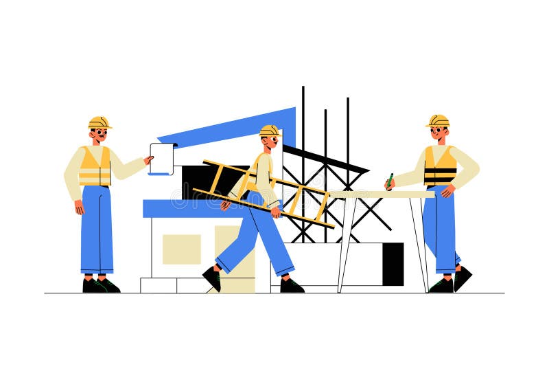Team of Builders Working on Construction Project in Flat Vector ...