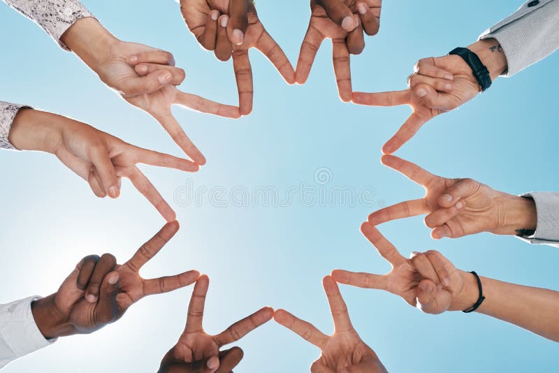 Team Building, Blue Sky or Hands with Peace Sign for Support, Teamwork ...