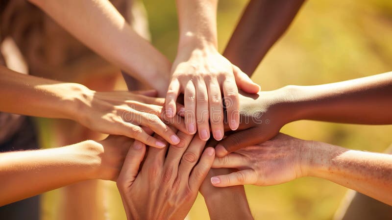Team Building Exercise with Closeup of Team Stacking Hands Stock ...
