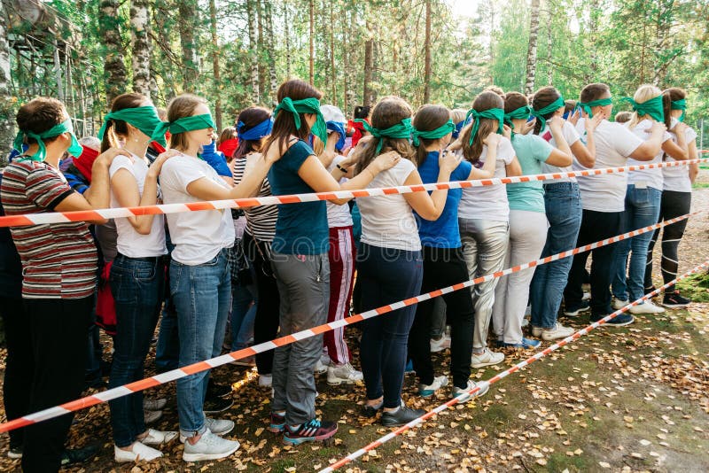 Team in a Team Building in the Forest Stock Photo - Image of high ...
