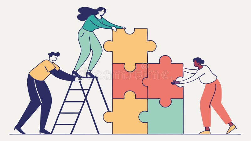 Team Building a Giant Puzzle. Collaborative Problem Solving, Vector ...