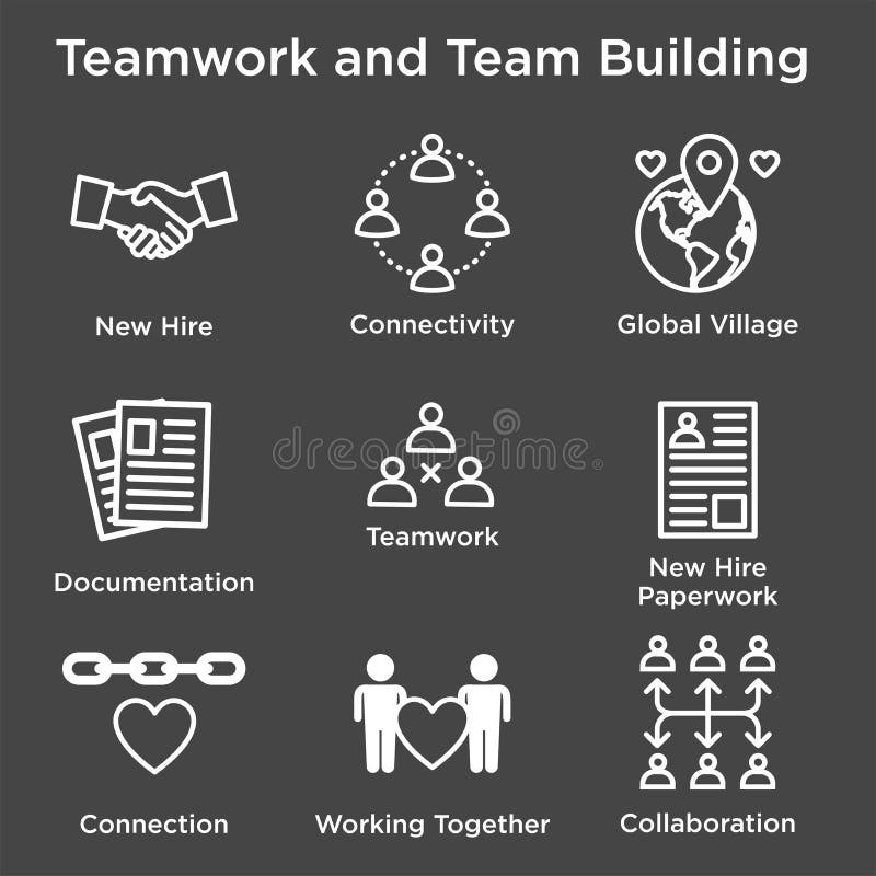 Team Building, Teamwork, and Connectivity Icon Set with Stick Figures ...