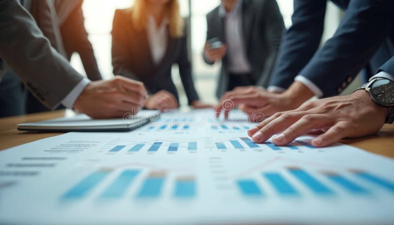 Team of Business People Analyze Charts, Graphs during Meeting. Sales ...