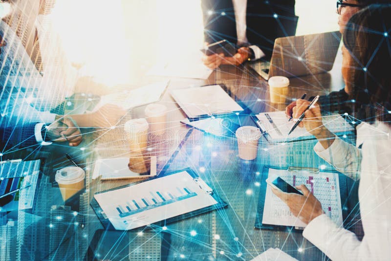 Team of Businessmen Work Together in Office with Network Effect ...