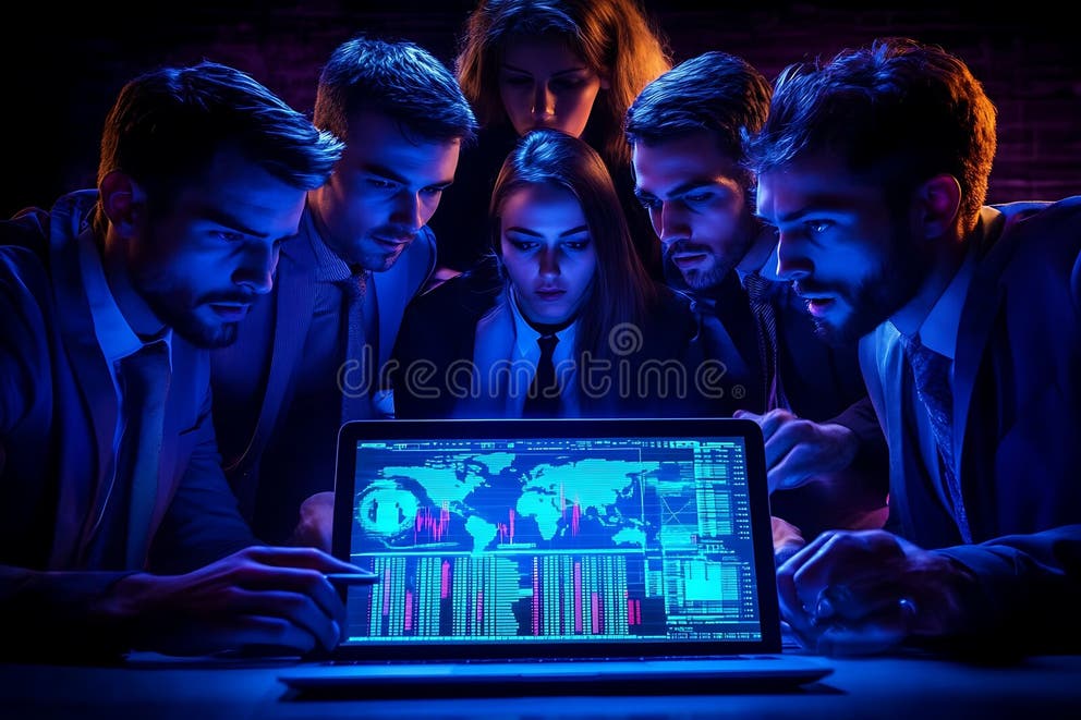 Team of Businesspeople Huddle Around Laptop, Analyzing Data Charts ...