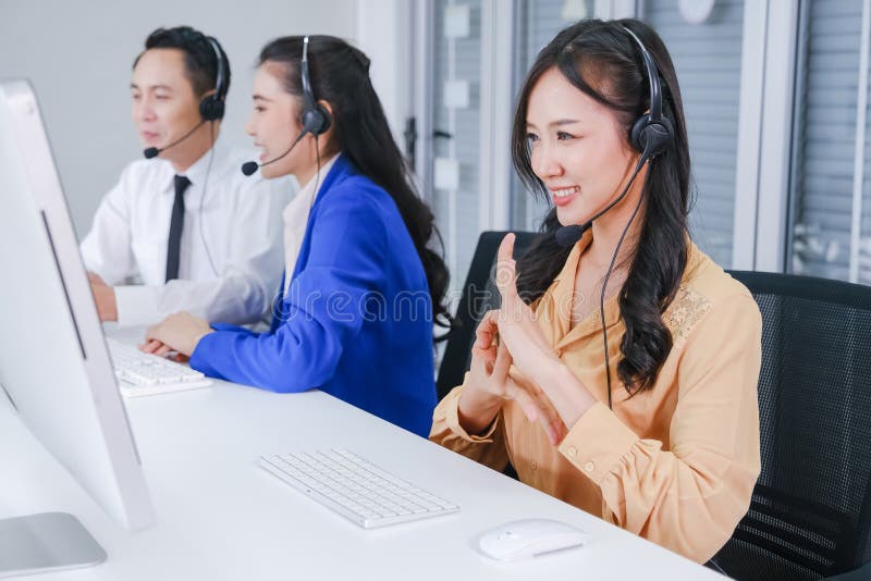 Team Call Center Operator with Headset Workplace Stock Image - Image of ...