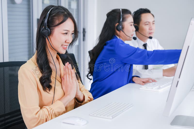 Team Call Center Operator with Headset Workplace Stock Photo - Image of ...