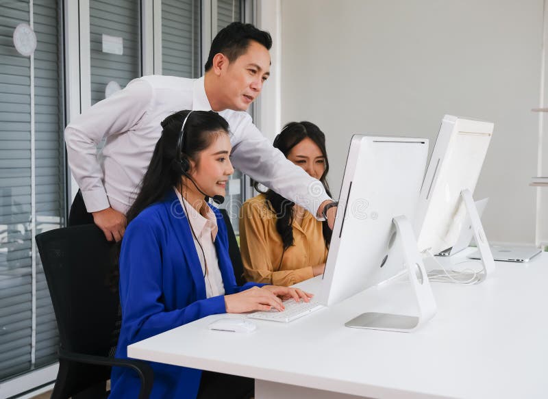 Team Call Center Operator with Headset Workplace Stock Image - Image of ...