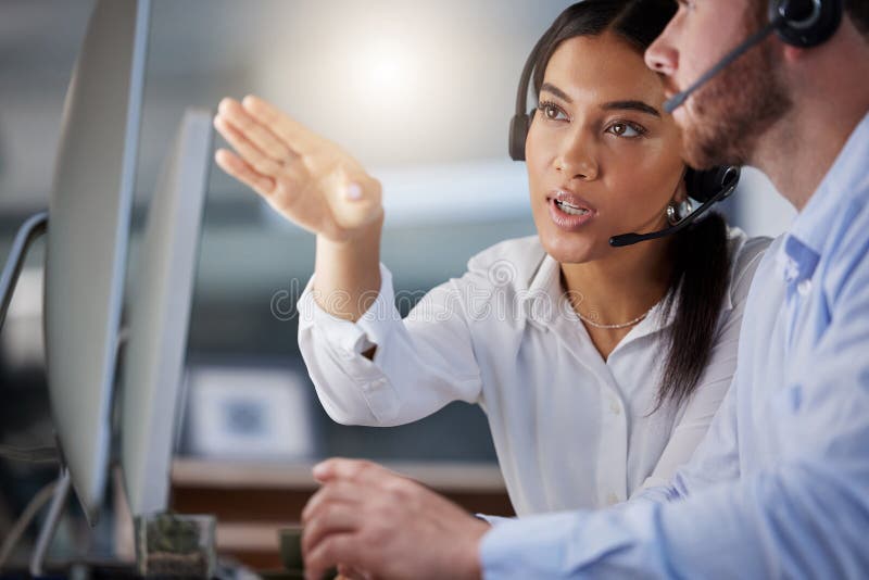 Team, Call Center and Woman Coaching Man on Computer for Support, Help ...