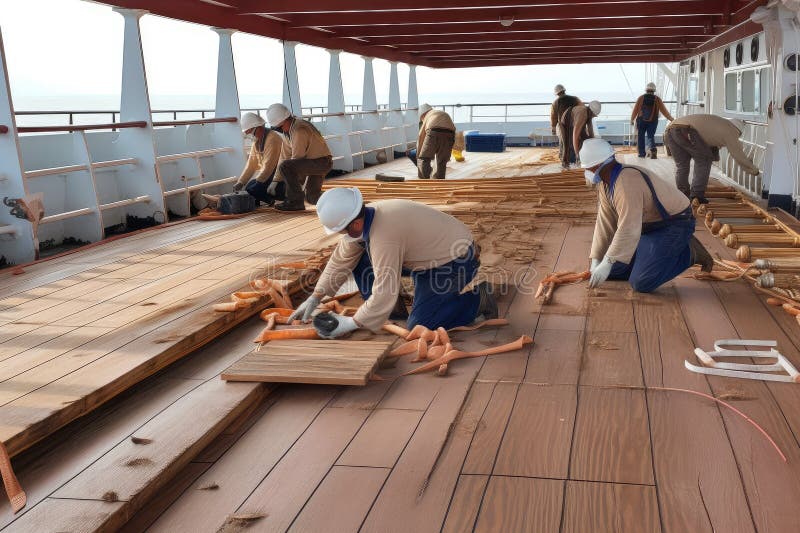 A Team of Carpenters and Builders Working on the Deck of a Ship Stock ...
