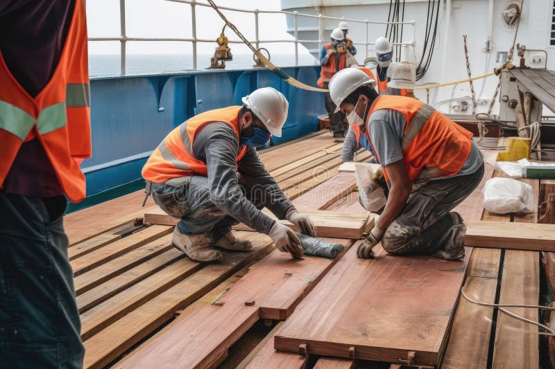 A Team of Carpenters and Builders Working on the Deck of a Ship Stock ...