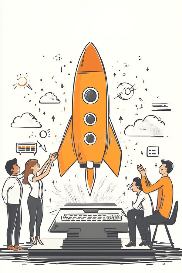 Team Celebrates Successful Project Launch, Symbolized by a Rocket ...