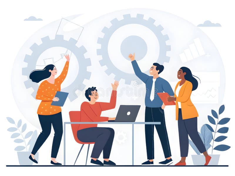 Team Celebrating Project Success with Laptop and Gear Background Stock ...