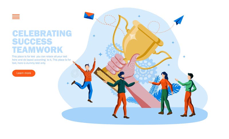 Team Celebrating Teamwork with Big Winning Hand Trophy Stock ...