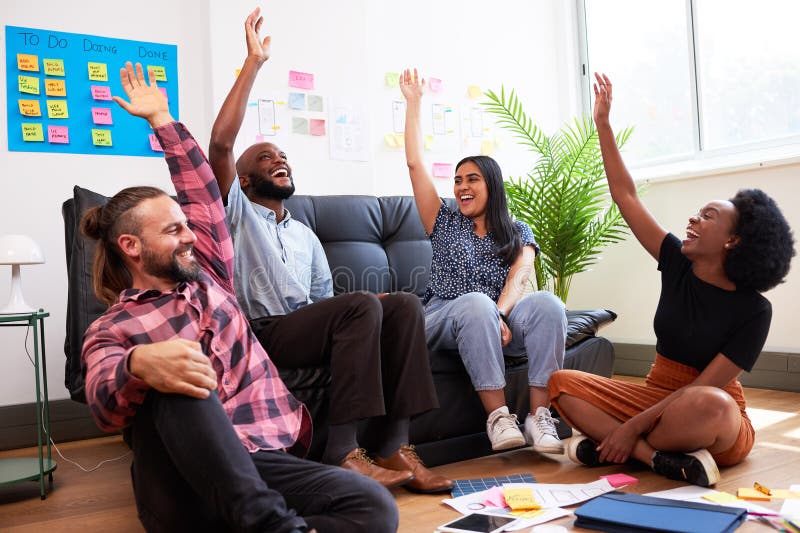 Team Cheers Lifting Hands from Hand Stack, Celebrate Working Together ...