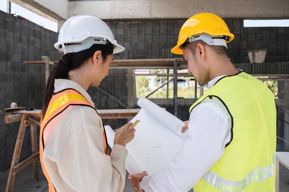 A Team of Civil Engineers and Foremen Discuss Construction Project Plans. Holding Project Plan ...