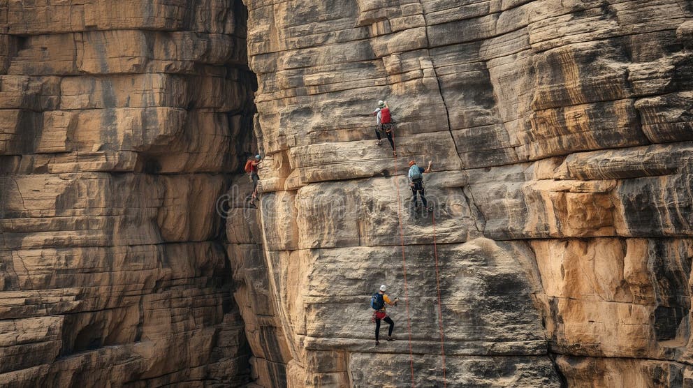 Team of Climbers Ascending a Sheer Rock Face Stock Illustration ...