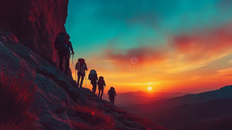 A Team of Climbers on a Mountain Peak Collaborate in a Breathtaking ...