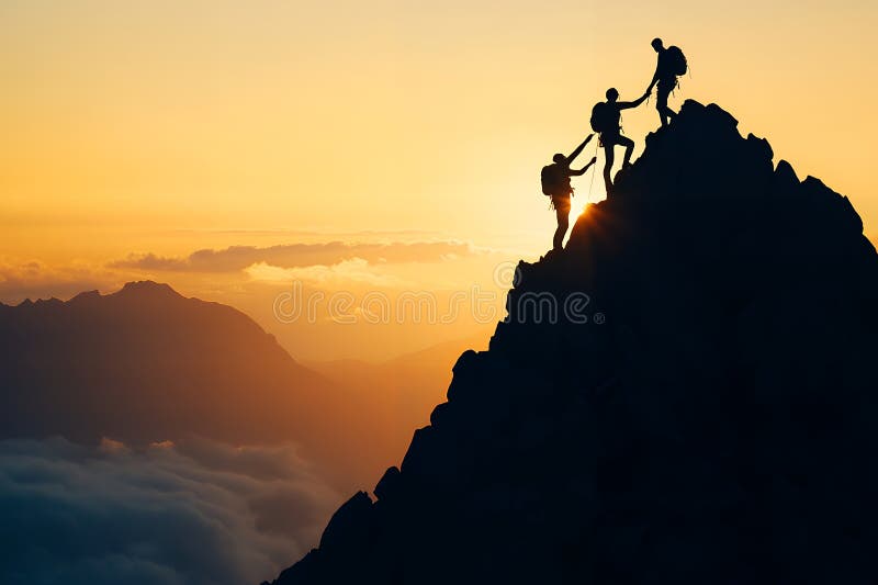 Team of Climbers Reaching the Summit at Sunset Teamwork Success Golden ...