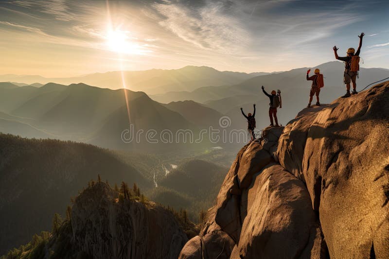 A Team of Climbers at the Top of a High Mountain in the Light of the ...