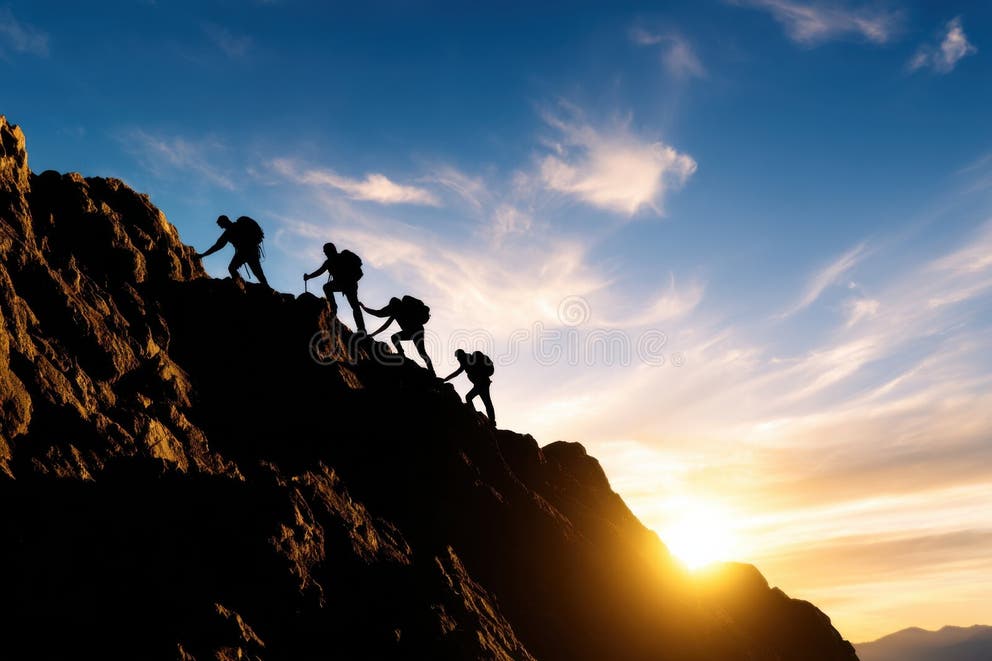 Team Climbing a Mountain at Sunset: a Symbol of Perseverance and Unity ...