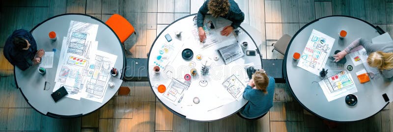 Team Collaborates Around Round Table To Brainstorm Innovative Ideas and ...