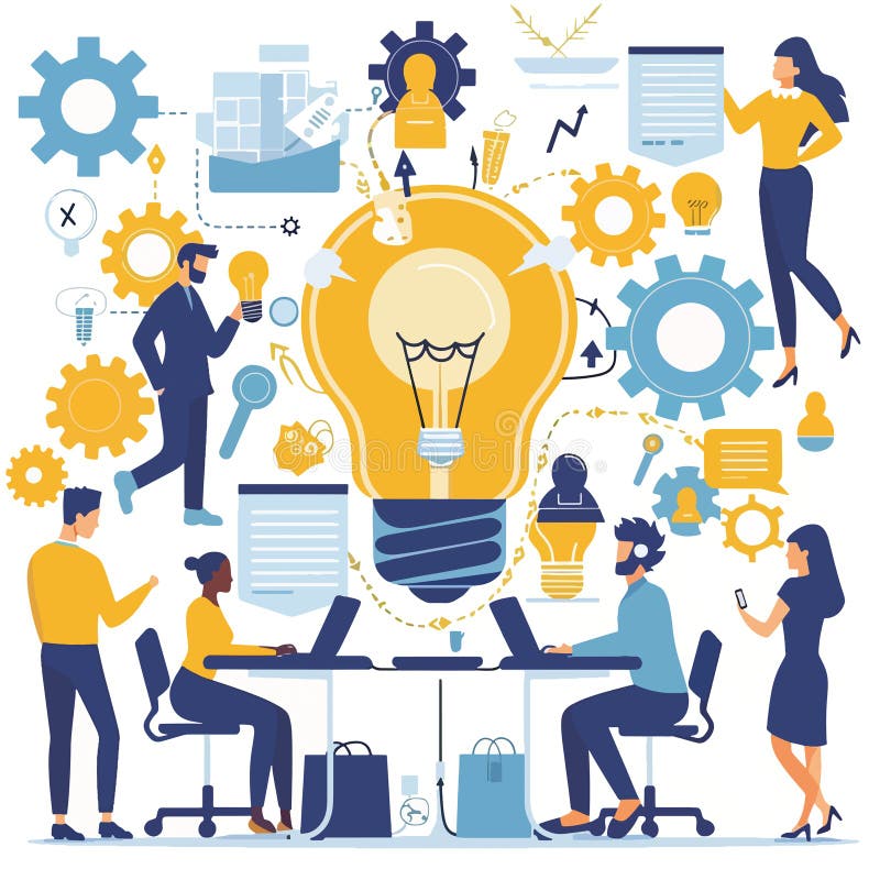 A Team Collaborates on Innovative Ideas, Brainstorming Around a Central ...