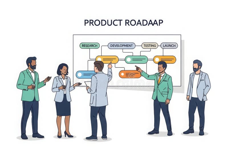 Team Collaborates on Product Roadmap Presentation Featuring Flowchart ...