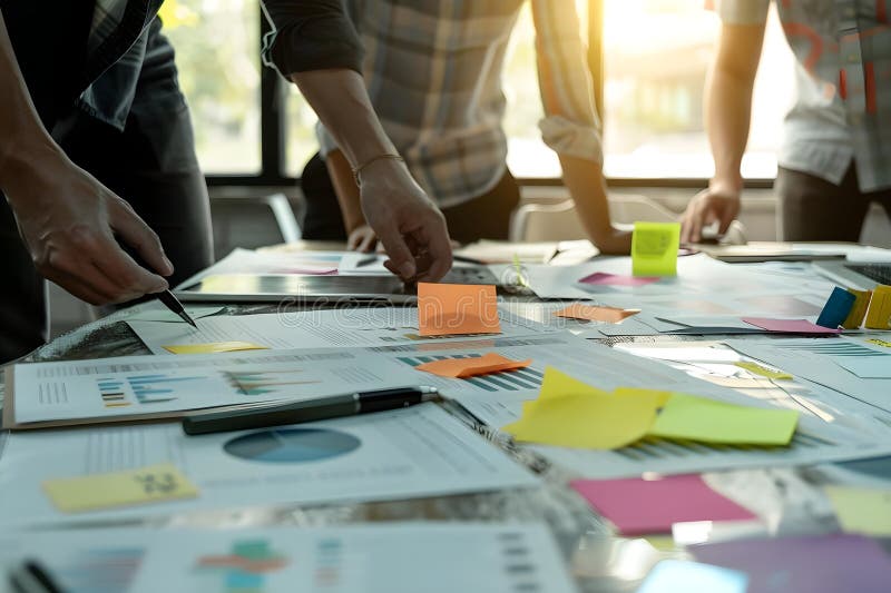 Team Collaborates on Project, Reviewing Data and Charts with Sticky ...