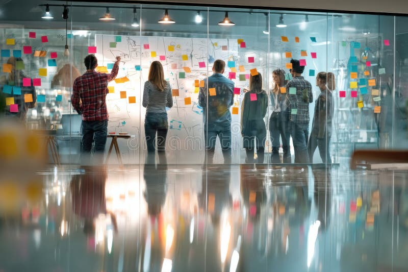 Team Collaborates on Project Strategy with Sticky Notes on Glass Wall ...