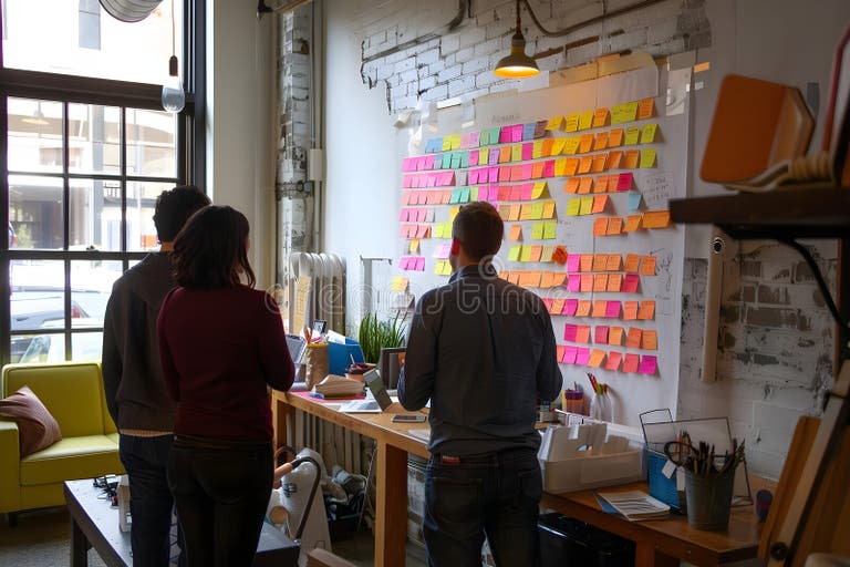 Team Collaborates on Project Using Sticky Notes for Agile Workflow and ...