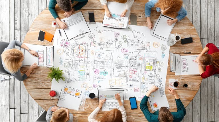 Team Collaborates at Round Table Brainstorming Ideas with Devices and ...