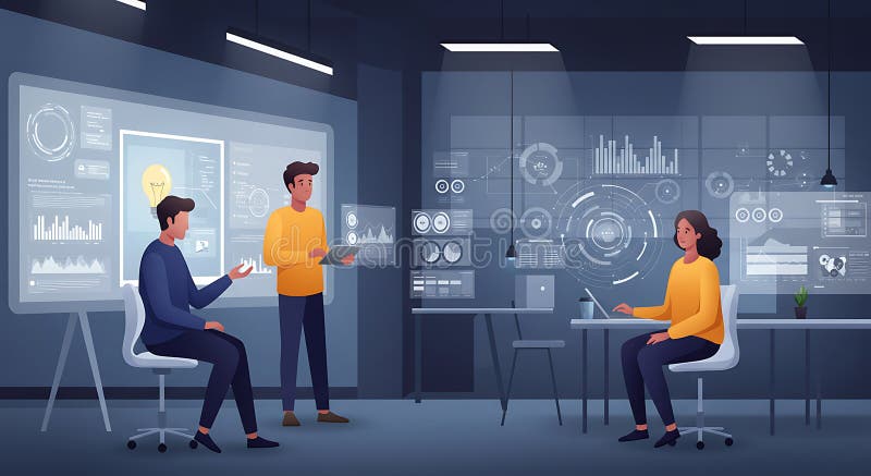 Team Collaborating Analyzing Data Graphs in Futuristic Office Space ...