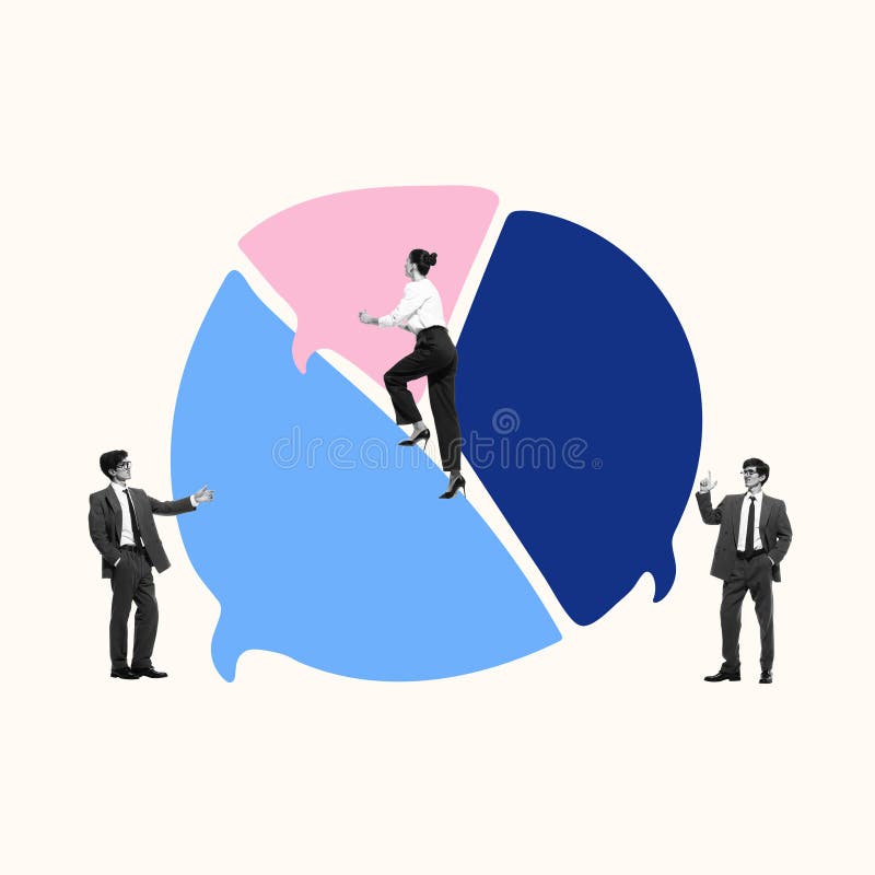 Team Collaborating Around Colorful Pie Chart in Shape of Speech Bubbles ...