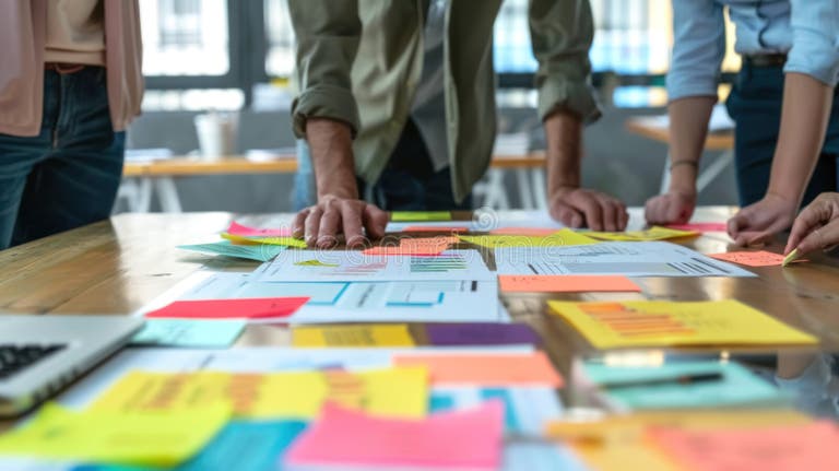 A Team Collaborating on a Business Plan with Sticky Notes Stock ...