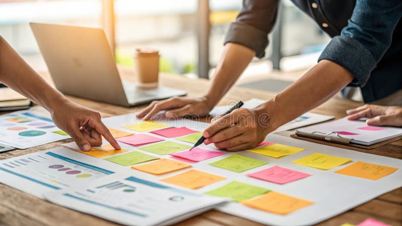 Team Collaborating on Business Strategy Using Colorful Sticky Notes and ...