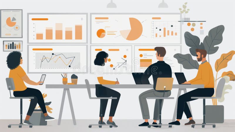 Team Collaborating on Data Analysis in Office Stock Illustration ...