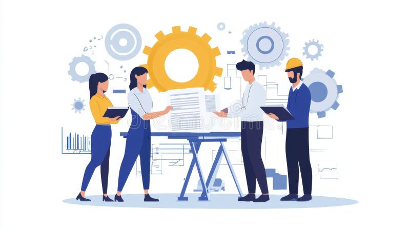 Team Collaborating with Documents and Engineering Gears Background ...