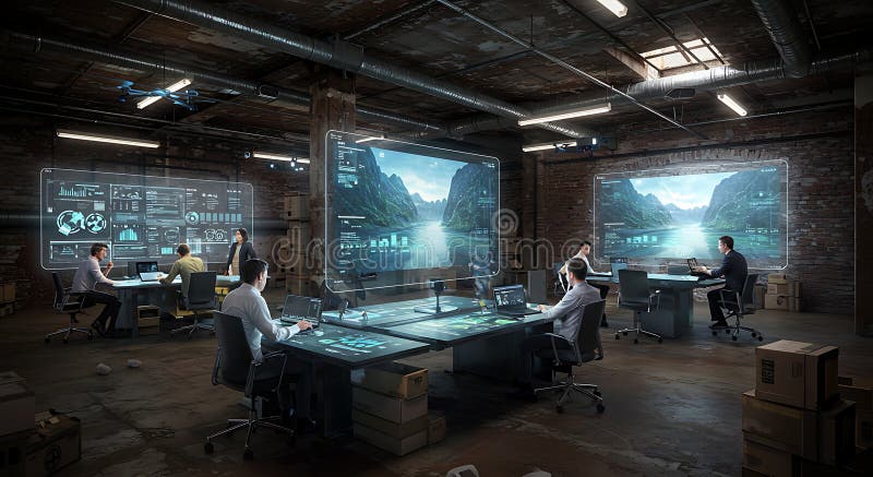 Team Collaborating Futuristic Office Augmented Reality Technology Stock ...