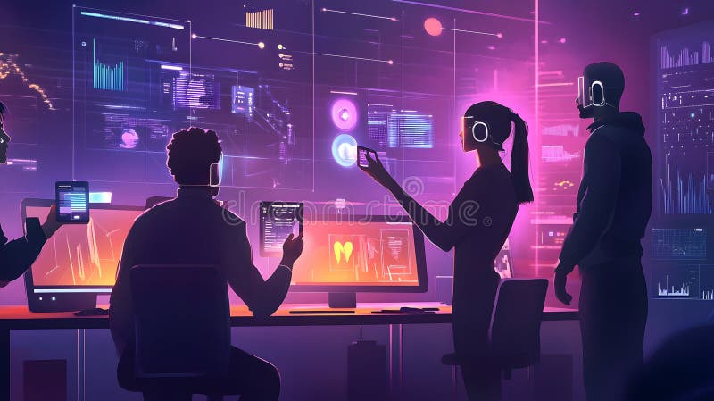 Team Collaborating in a Futuristic Tech Environment with Digital Data ...