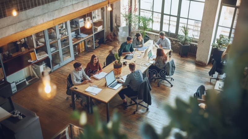 Team Collaborating at a Large Wooden Table in a Modern, Open-plan ...
