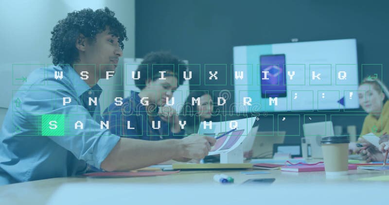 Team Collaborating in Office with Keyboard Animation Over Scene Stock ...