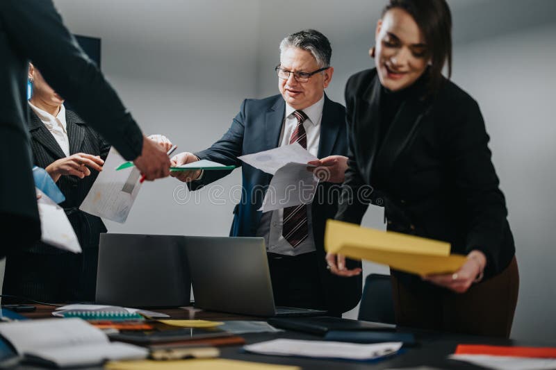 Team Collaborating Office Organizing Documents Business Meeting Stock ...